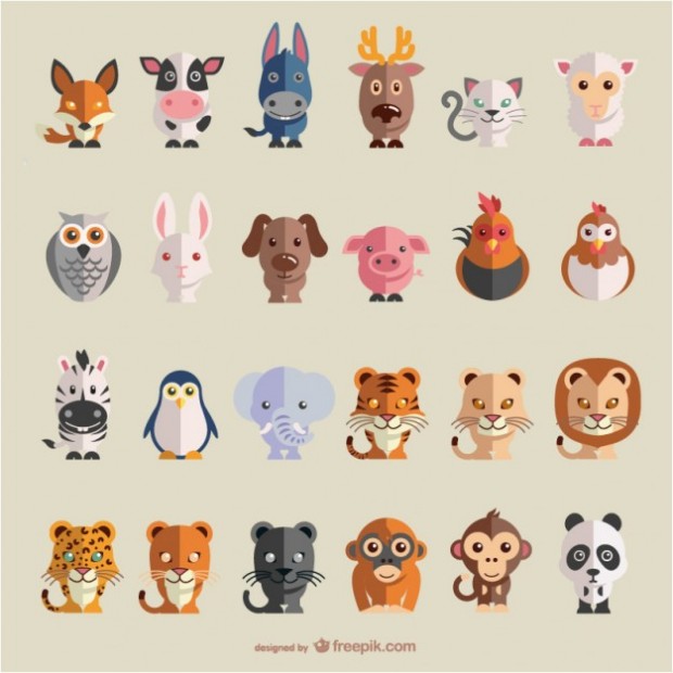 24 Flat vectors set featuring cute animals